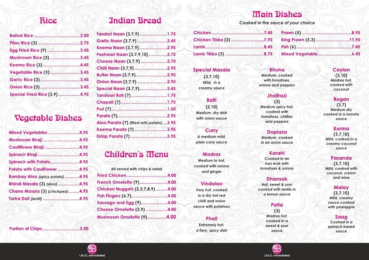 Menu at Star of Bengal restaurant, Los Cristianos