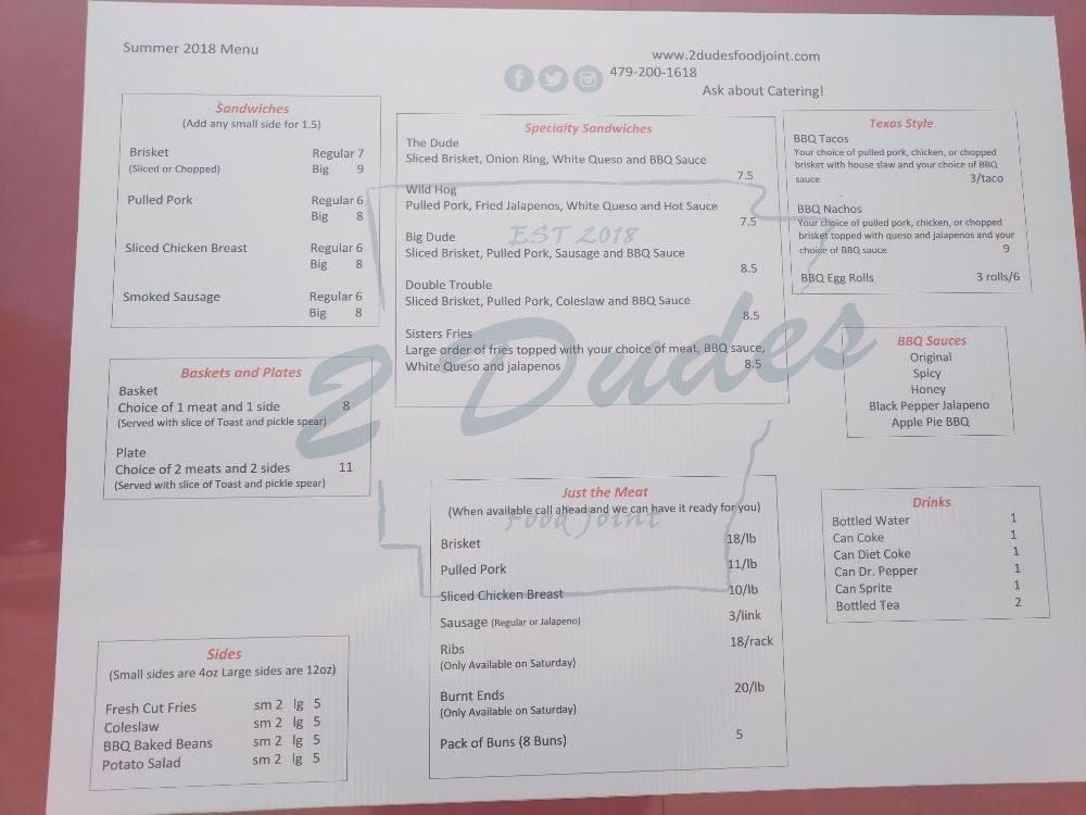 Menu at 2 Dudes Food Joint BBQ, Van Buren, Alma Hwy