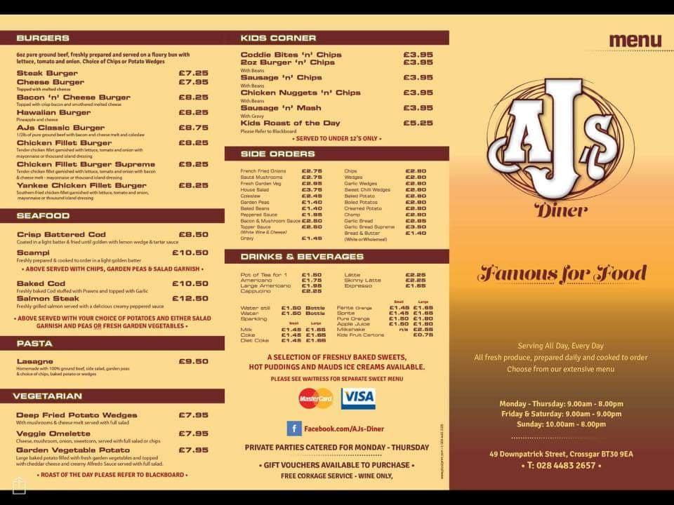 Menu at AJ's Diner restaurant, Crossgar