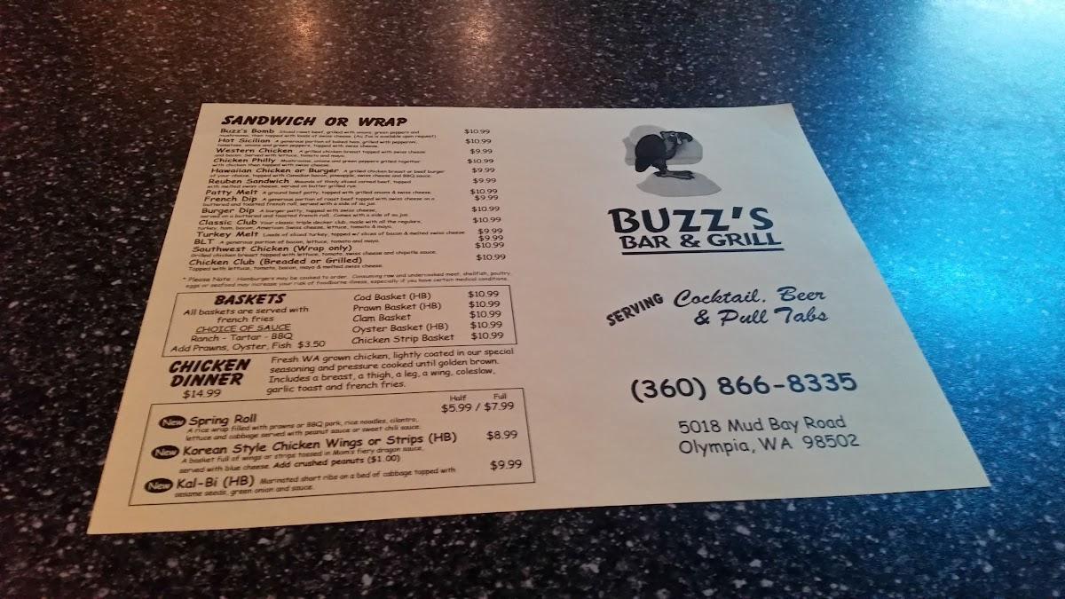 Menu at Buzz's Bar & Grill, Olympia