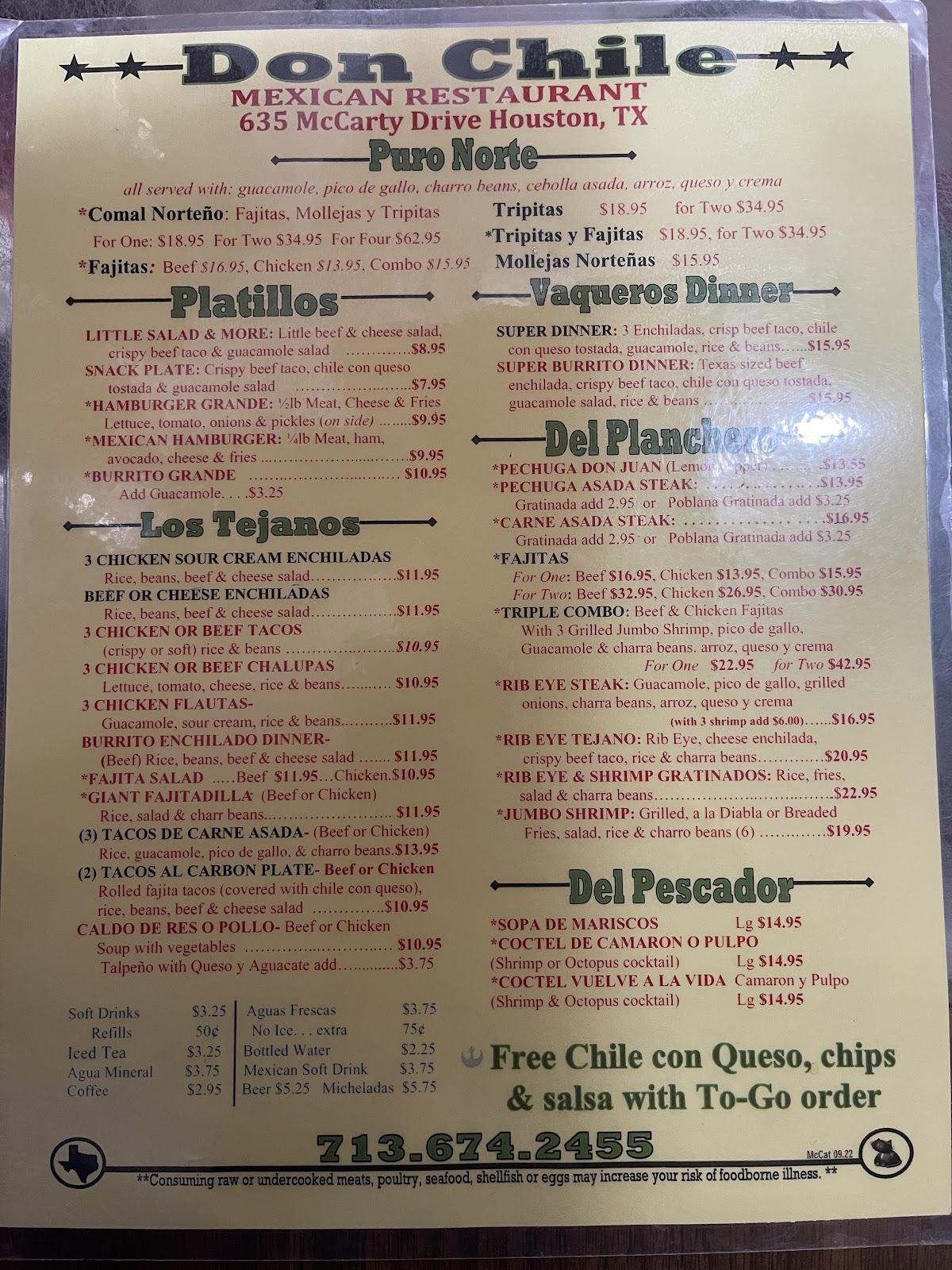 Menu at Don Chile Mexican Restaurant, Houston