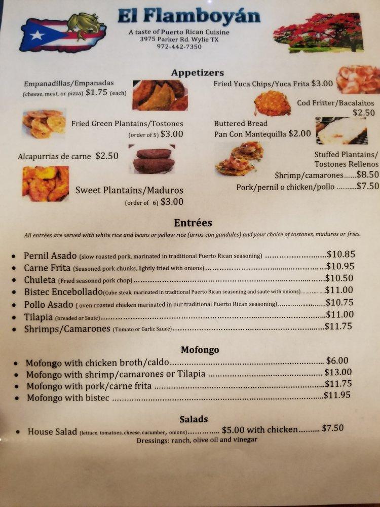 Menu at El Flamboyan, Puerto Rican Restaurant, Wylie
