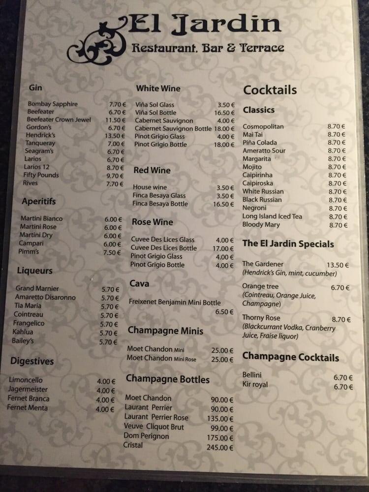 Menu at El Jardin pub & bar, Marbella