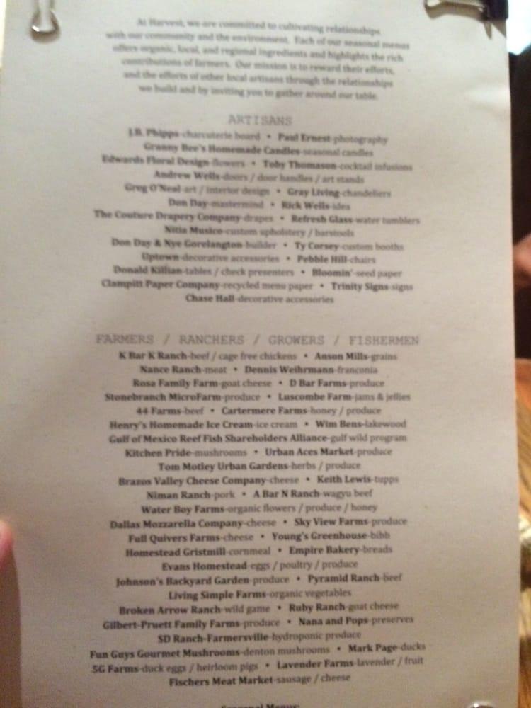 Menu at Harvest at the Masonic restaurant, McKinney