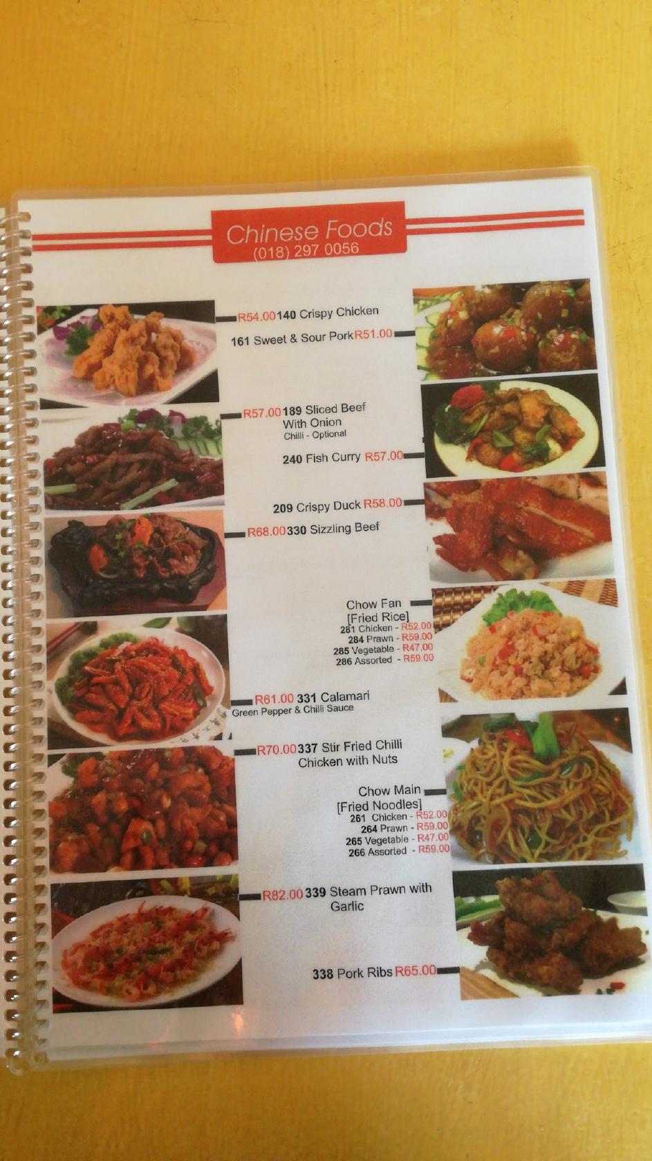 Menu at Huamin restaurant, Potchefstroom