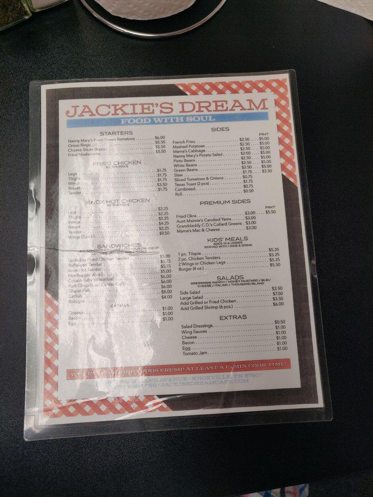 Menu at Jackie's Dream restaurant, Knoxville, E Woodland Ave