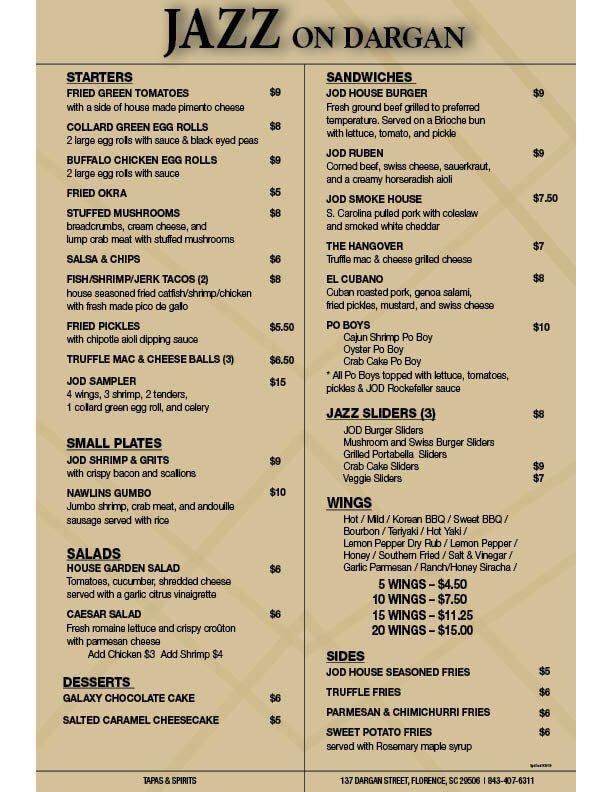 Menu at Jazz On Dargan pub & bar, Florence
