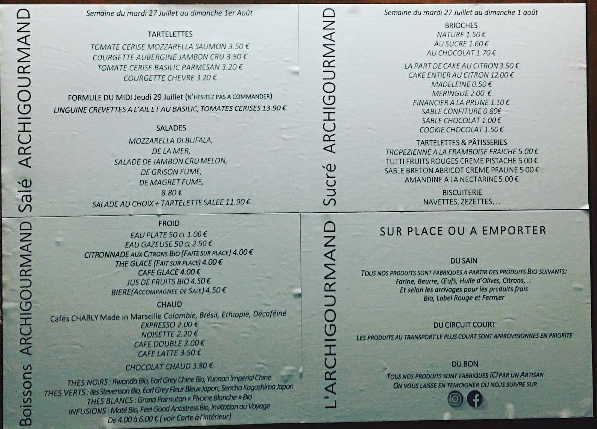 Menu at L' Archi Gourmand, Marseille