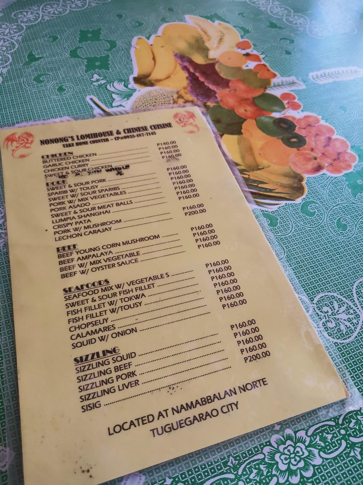 Menu at Nonong Lomi House and Chinese Cuisine restaurant, Tuguegarao City
