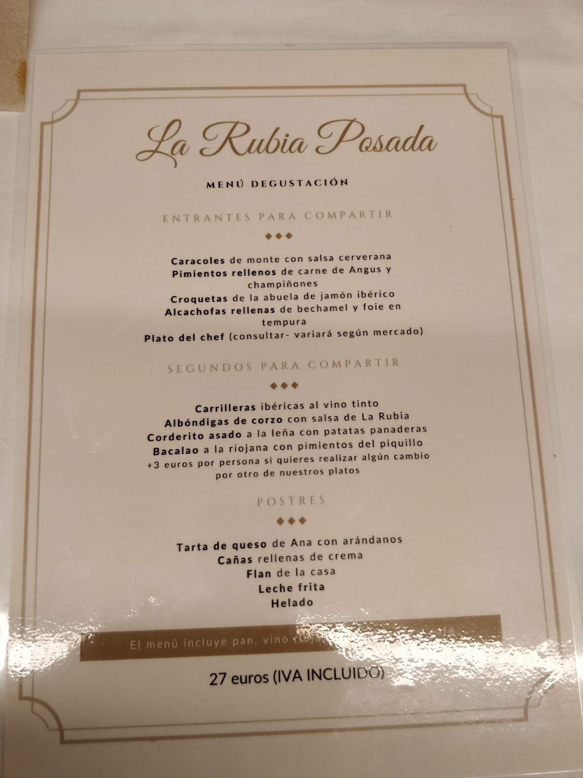 Carta del restaurante Posada La Rubia, Tudela
