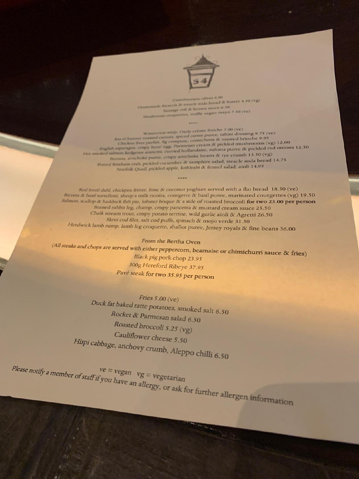 Menu at The Abingdon restaurant, London