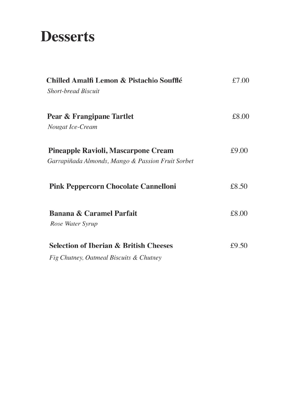 Menu at The Rock Hotel restaurant, Gibraltar