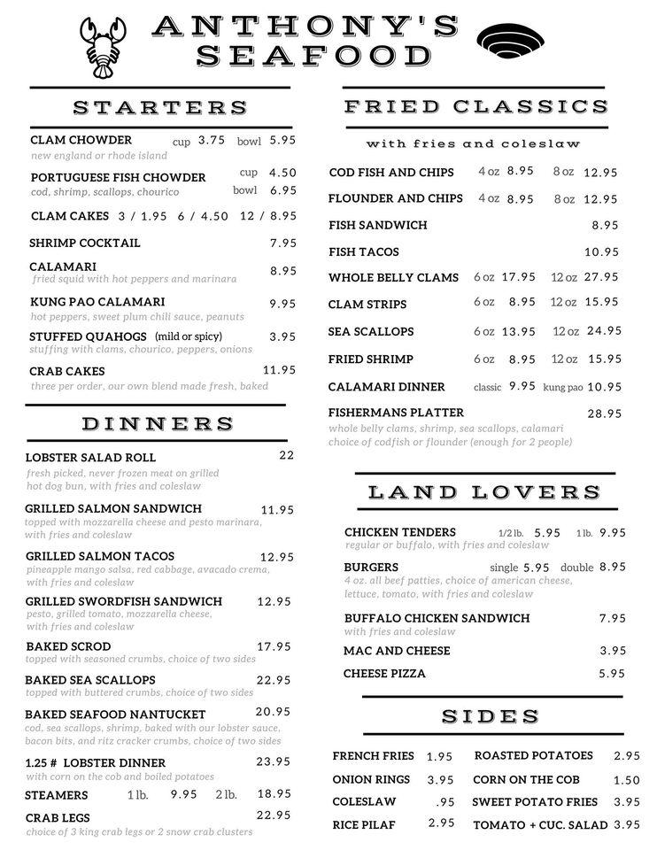 Menu at Anthony's Seafood restaurant, Middletown