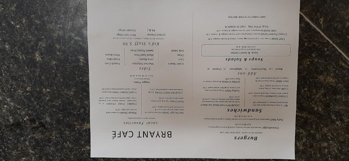 Menu at Bryant Cafe, Bryant