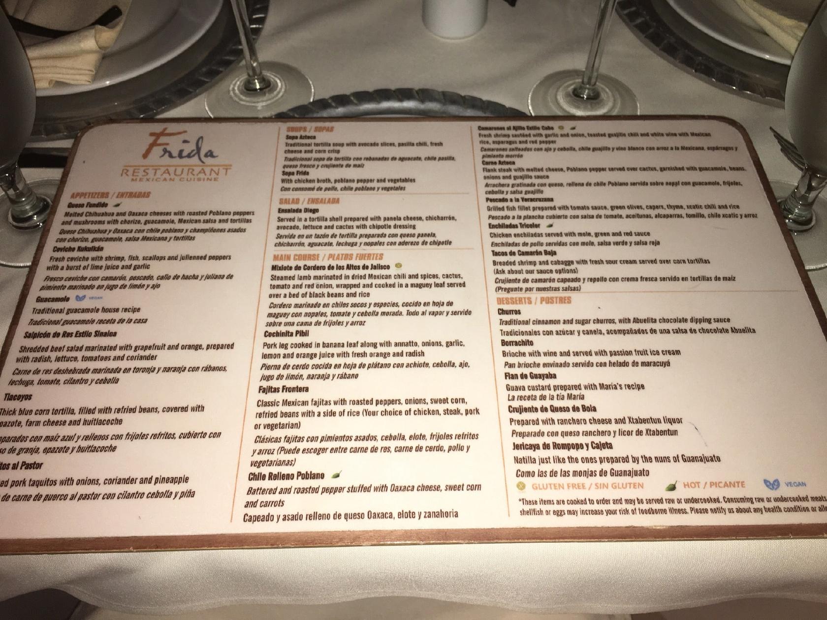 Menu at Frida restaurant, Puerto Aventuras