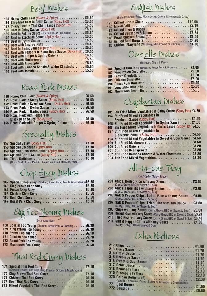 Menu at Green Island fast food, Holyhead