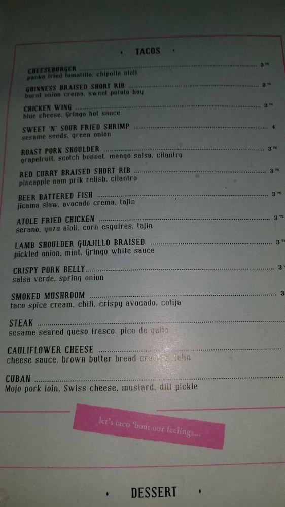 Menu at Gringo Street restaurant, Calgary