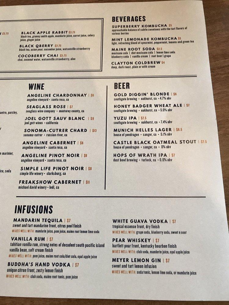 Menu at Heirloom restaurant, Fresno