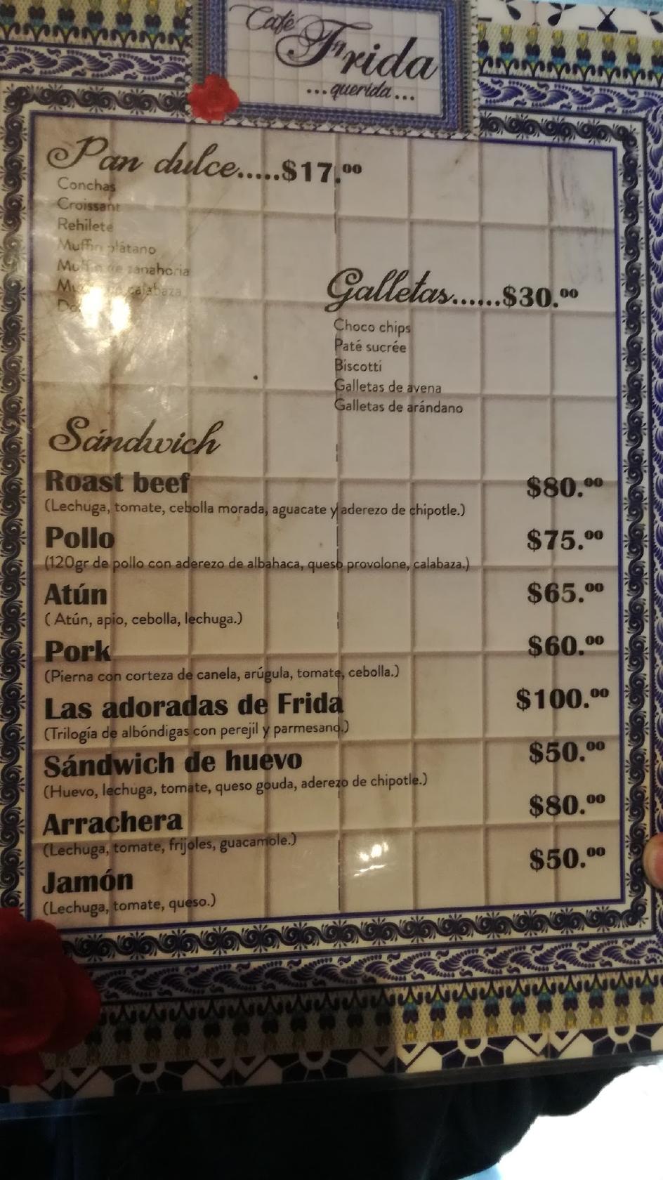 Carta de Frida Cafe, Cholula, Calle 14 Pte. 307A San Juan Aquiahuac