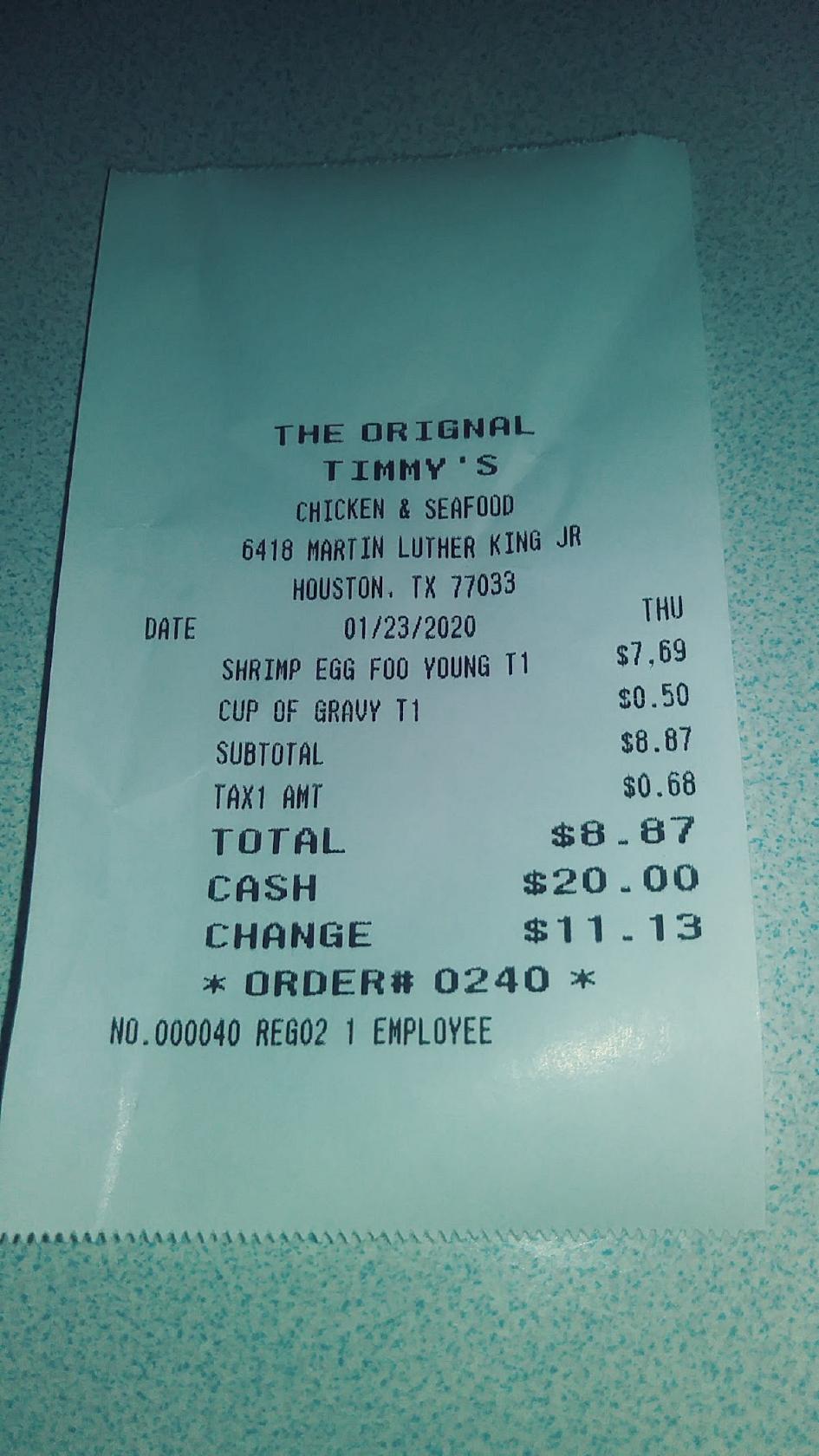 Menu at Original Timmy Chan restaurant, Houston, Martin Luther King Blvd