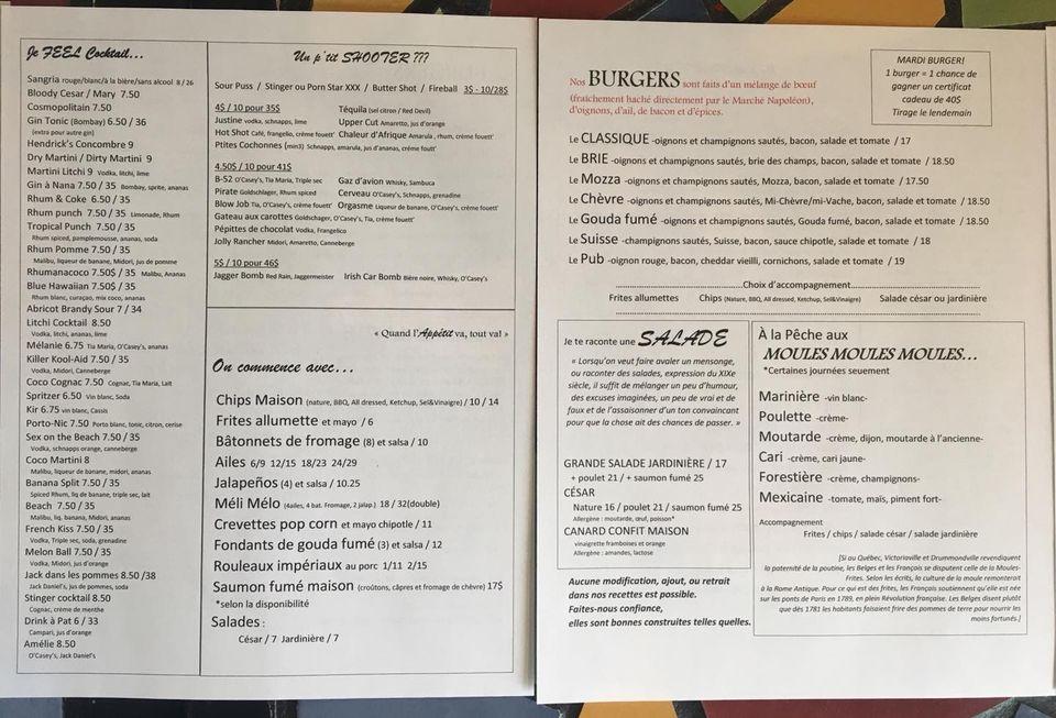 Menu at Pub St-Marc, Sept-Iles