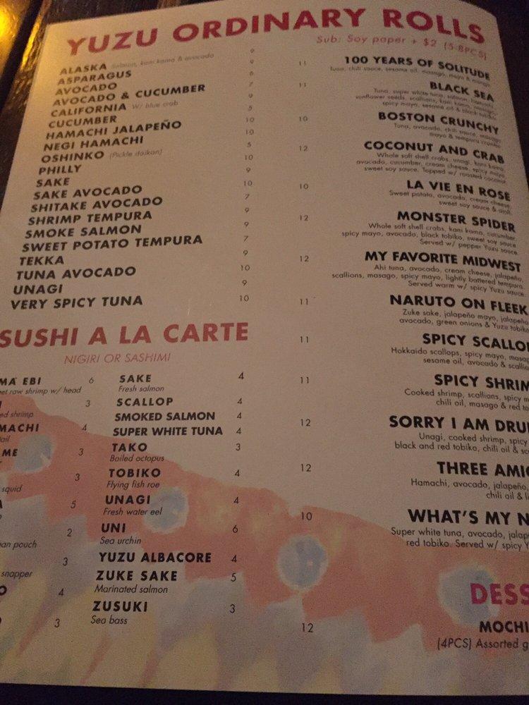 Menu at Yuzu Sushi & Robata Grill restaurant, Chicago