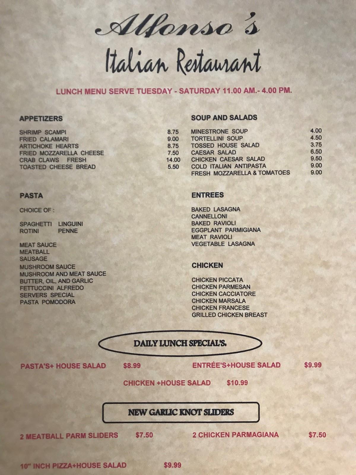 Menu at Alfonso's pizzeria, Dallas, 718 N Buckner Blvd #222