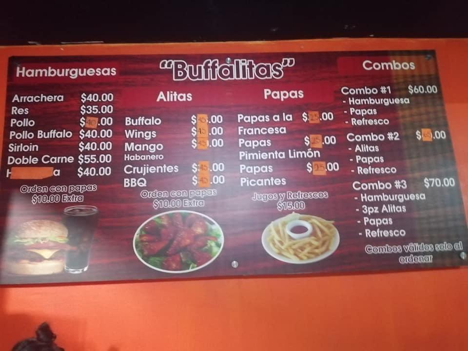 Menu at Buffalitas MB restaurant, Mexico