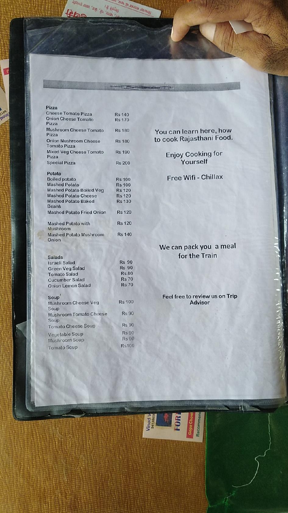Menu at Fort View restuarant, Jaisalmer