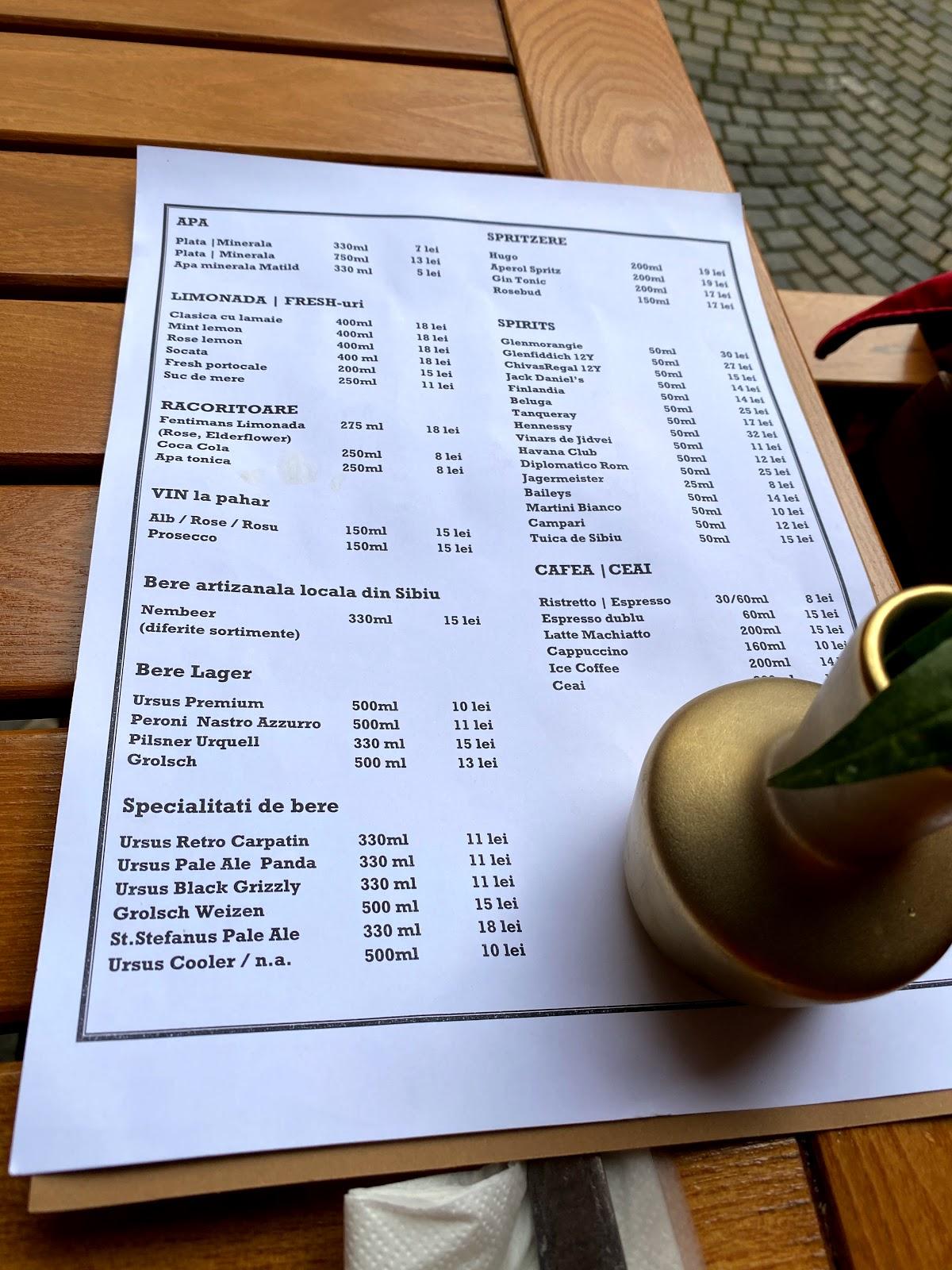 Menu at Jules Bistro, Sibiu
