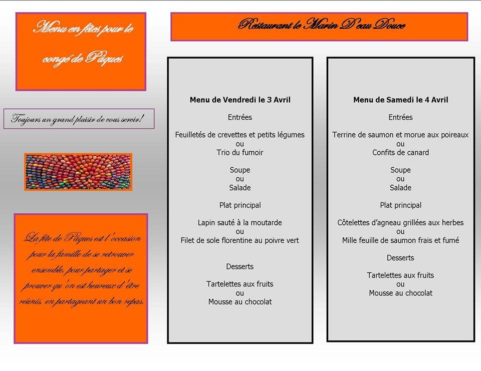 Menu au Marin d'eau douce restaurant, Carleton-sur-mer