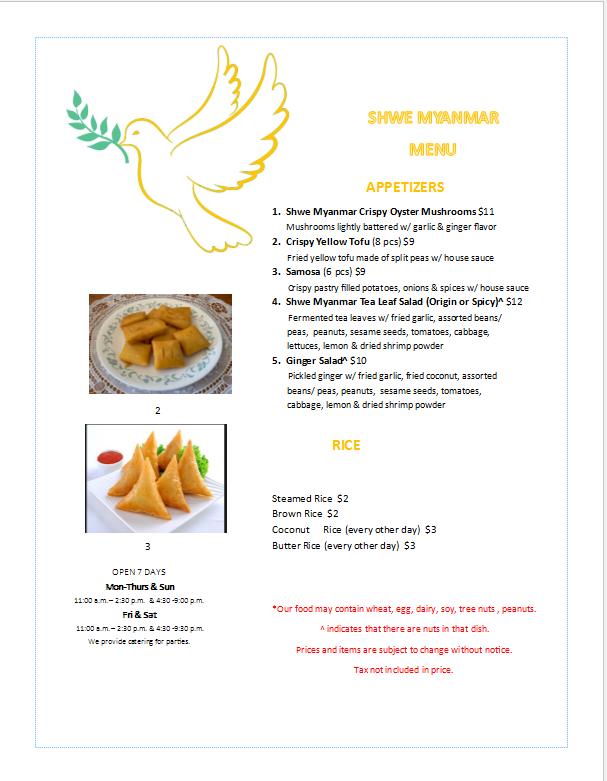 Menu at Shwe Myanmar Burmese Cuisine restaurant, Livermore