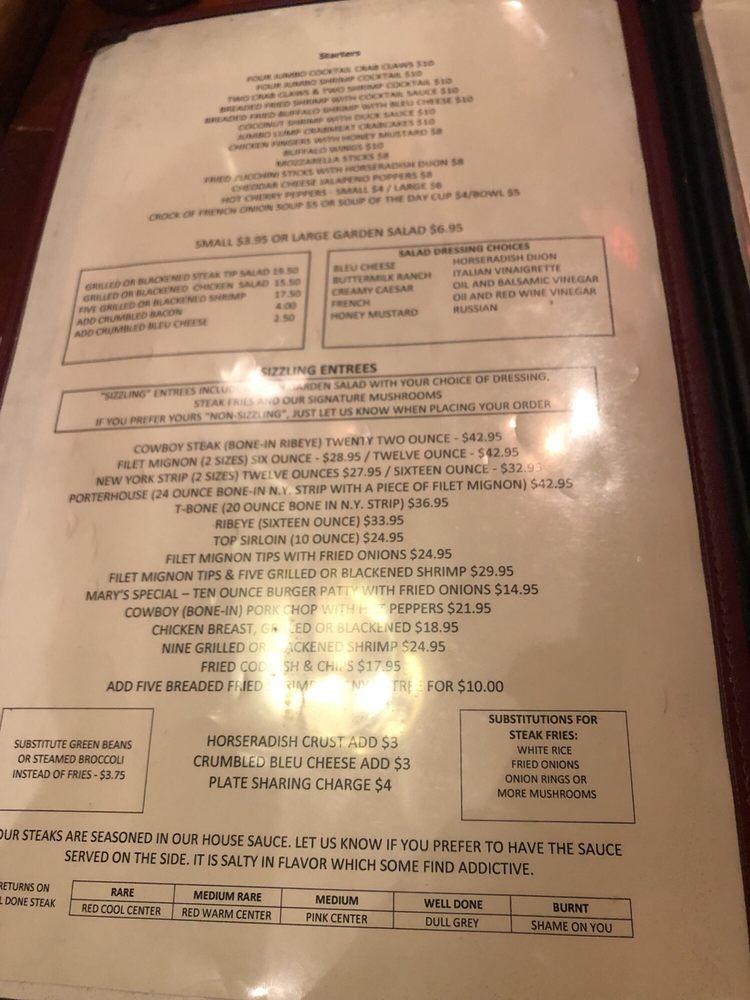 Menu at Steve's Sizzling Steaks steakhouse, Carlstadt