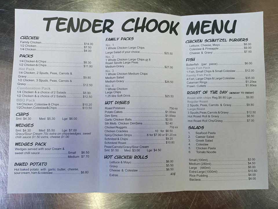 Menu at Tender Chook fast food, Castlemaine