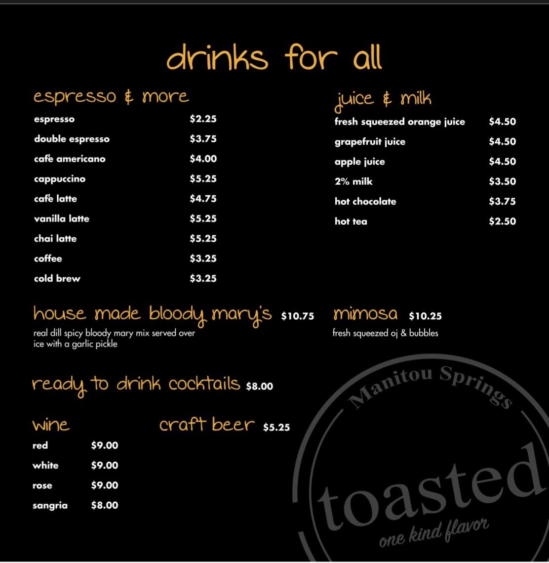 Menu at Toasted (bistro) fast food, Manitou Springs