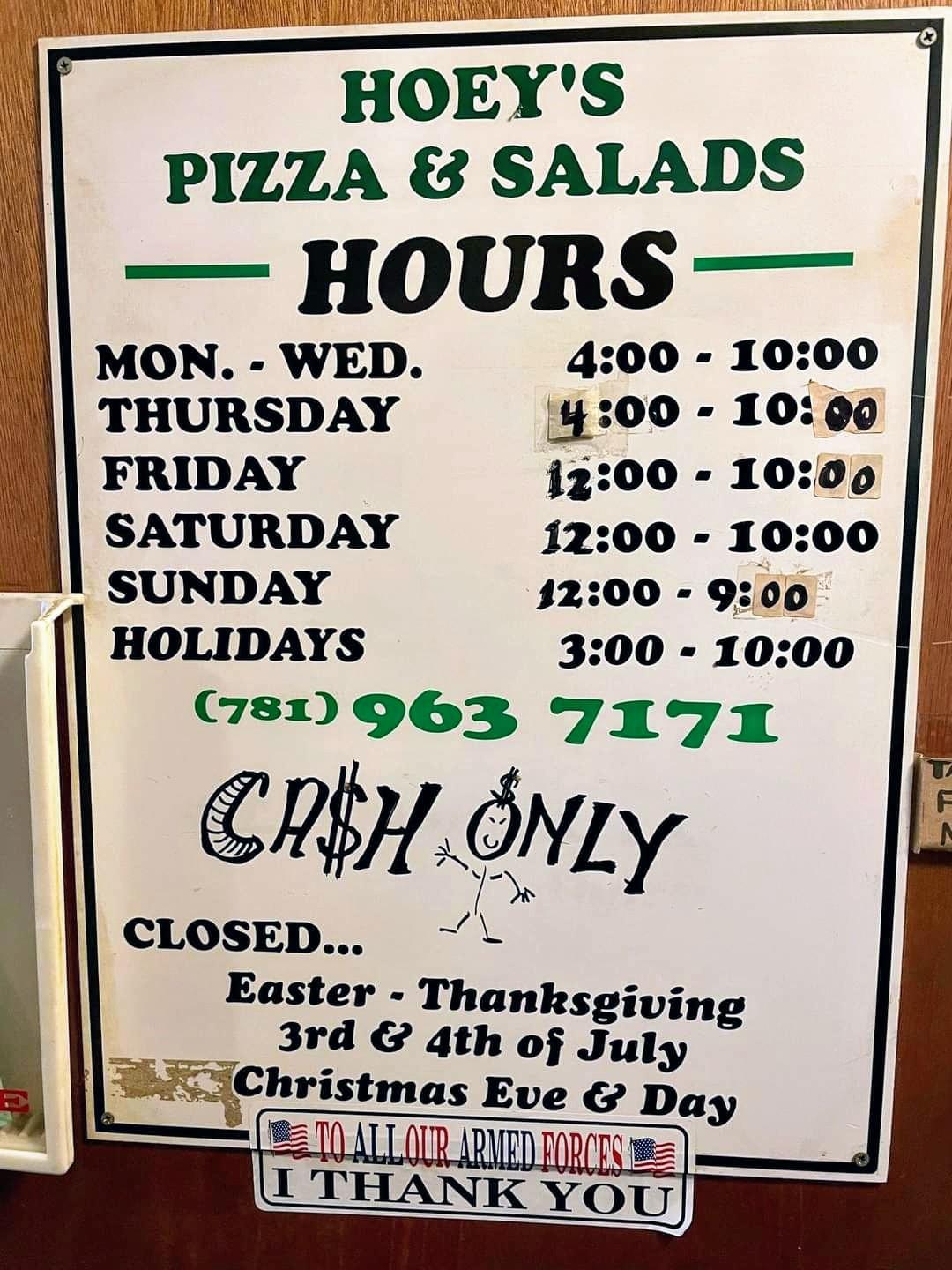 Menu at Hoey's Pizza pizzeria, Randolph