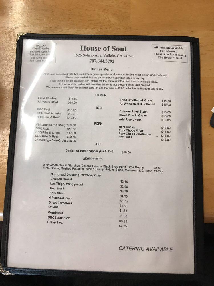 Menu at House of Soul restaurant, Vallejo, Solano Ave