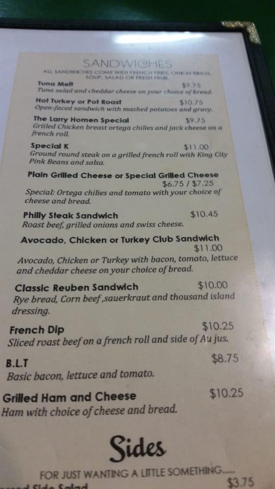 Menu at Lawrence's restaurant, King City