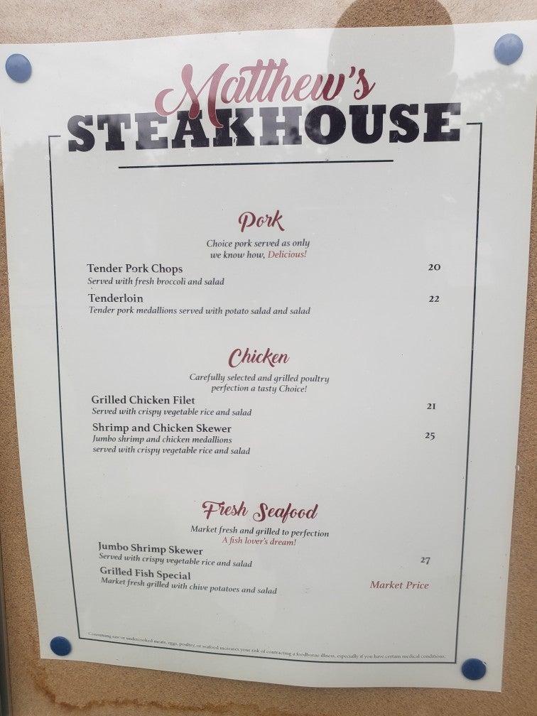 Menu at Matthew's Steakhouse, Winter Garden