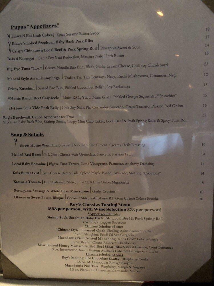 Menu at Roy's Waikiki pub & bar, Honolulu