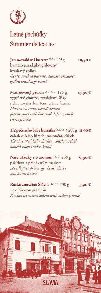 Menu at Slávia cafe, Košice