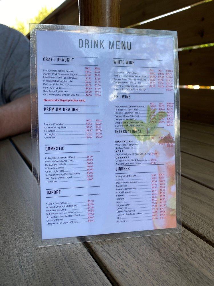 Menu at Admiral Pub, Burnaby