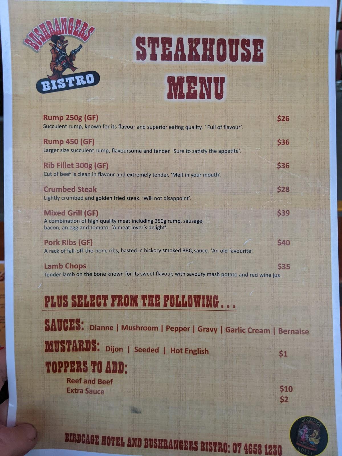 Menu at Bushrangers Bistro pub & bar, Longreach