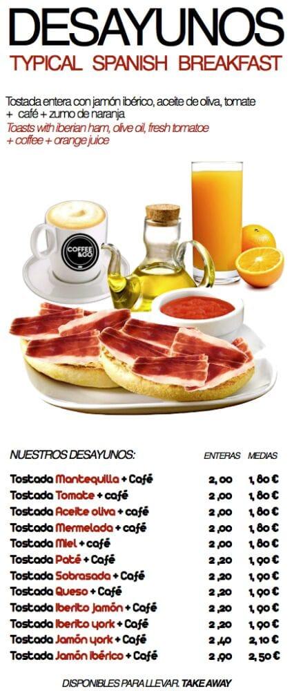 Menu at Coffee&go cafeteria, Seville, Calle San Pablo