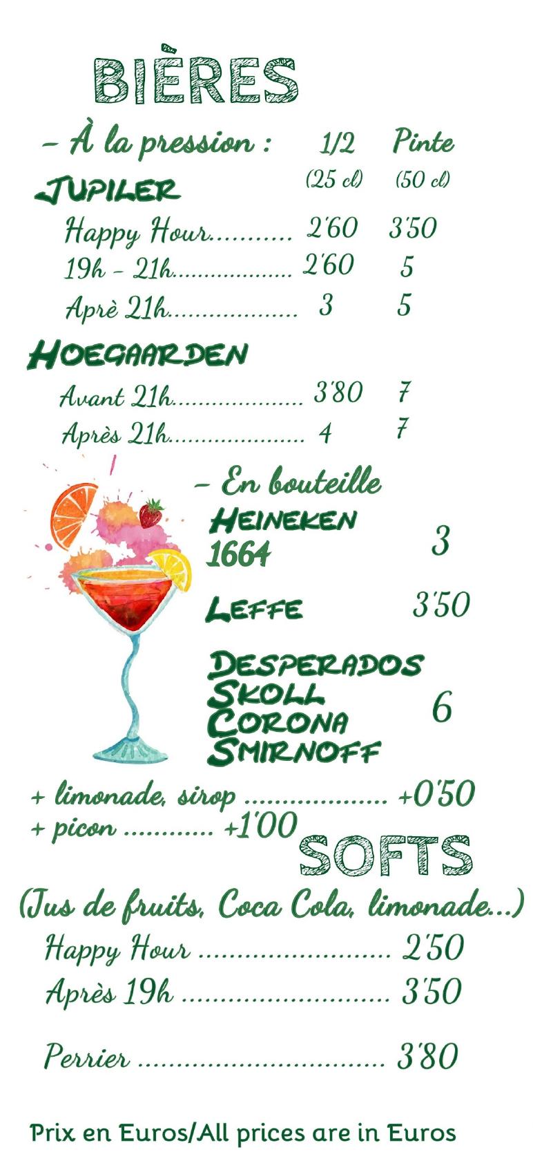 Menu au L'Oasis 244 pub et bar, Paris, 244