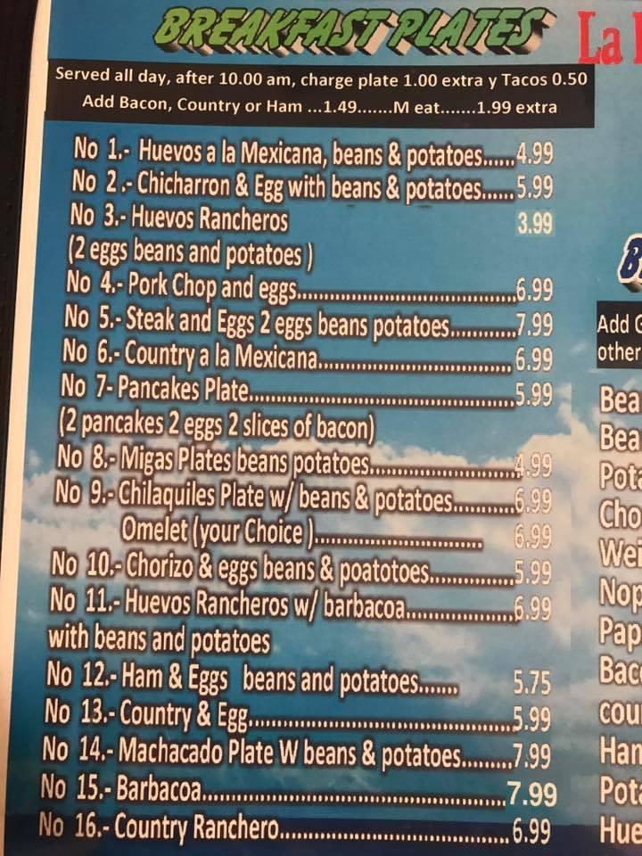 Menu at La Reina Del Sur restaurant, San Antonio