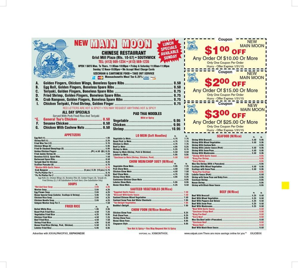Menu at New Main Moon restaurant, Southwick