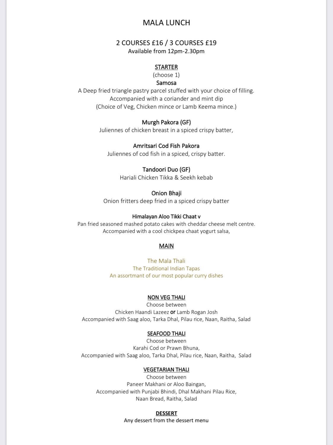 Menu at Mala Indian Kitchen & Bar, London
