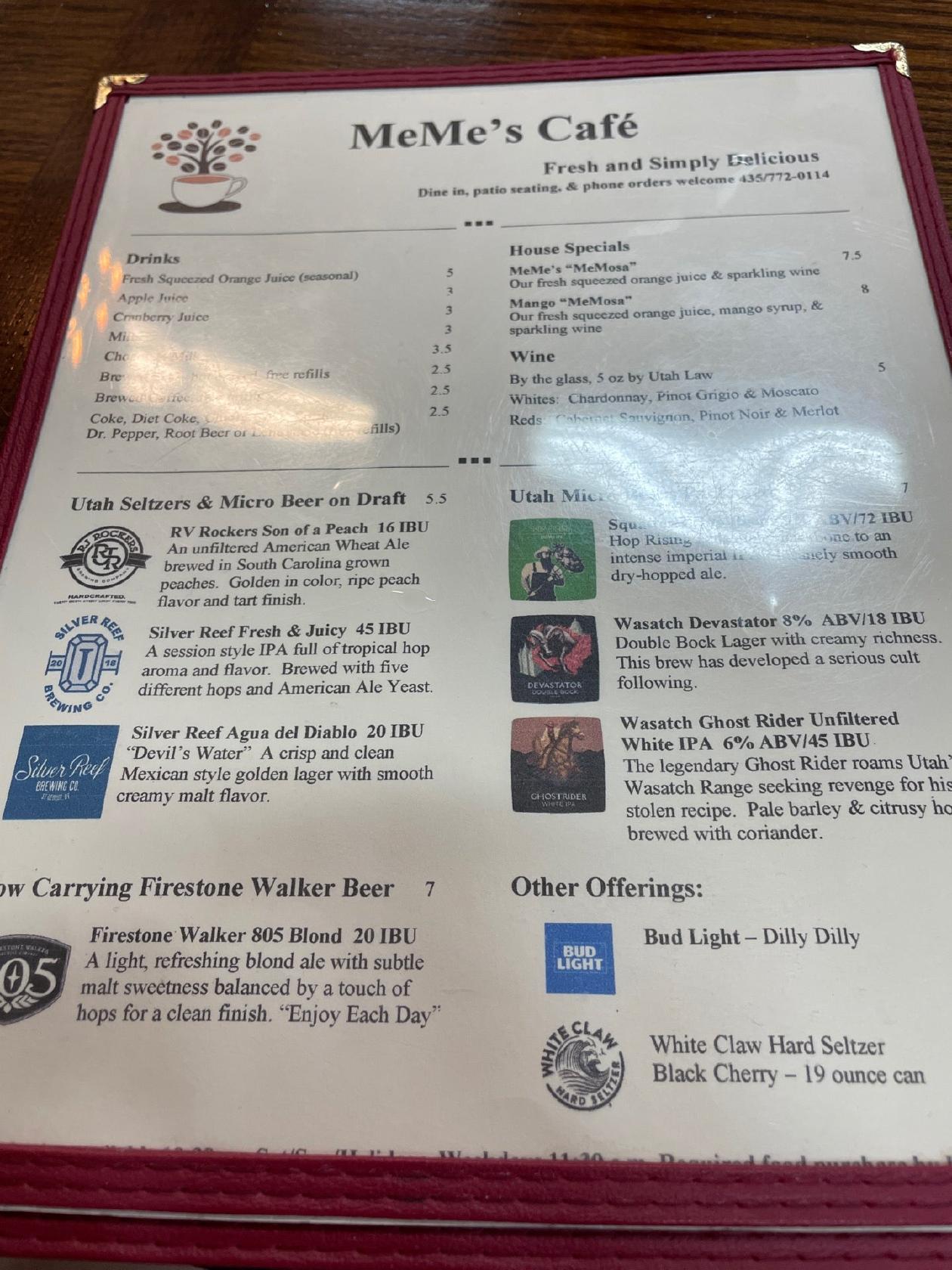 Menu at MeMe's Café cafe, Springdale
