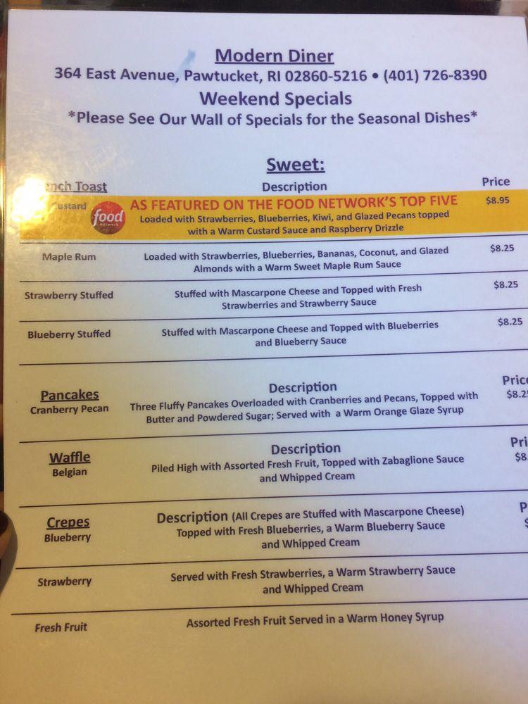 Menu at Modern Diner restaurant, Pawtucket